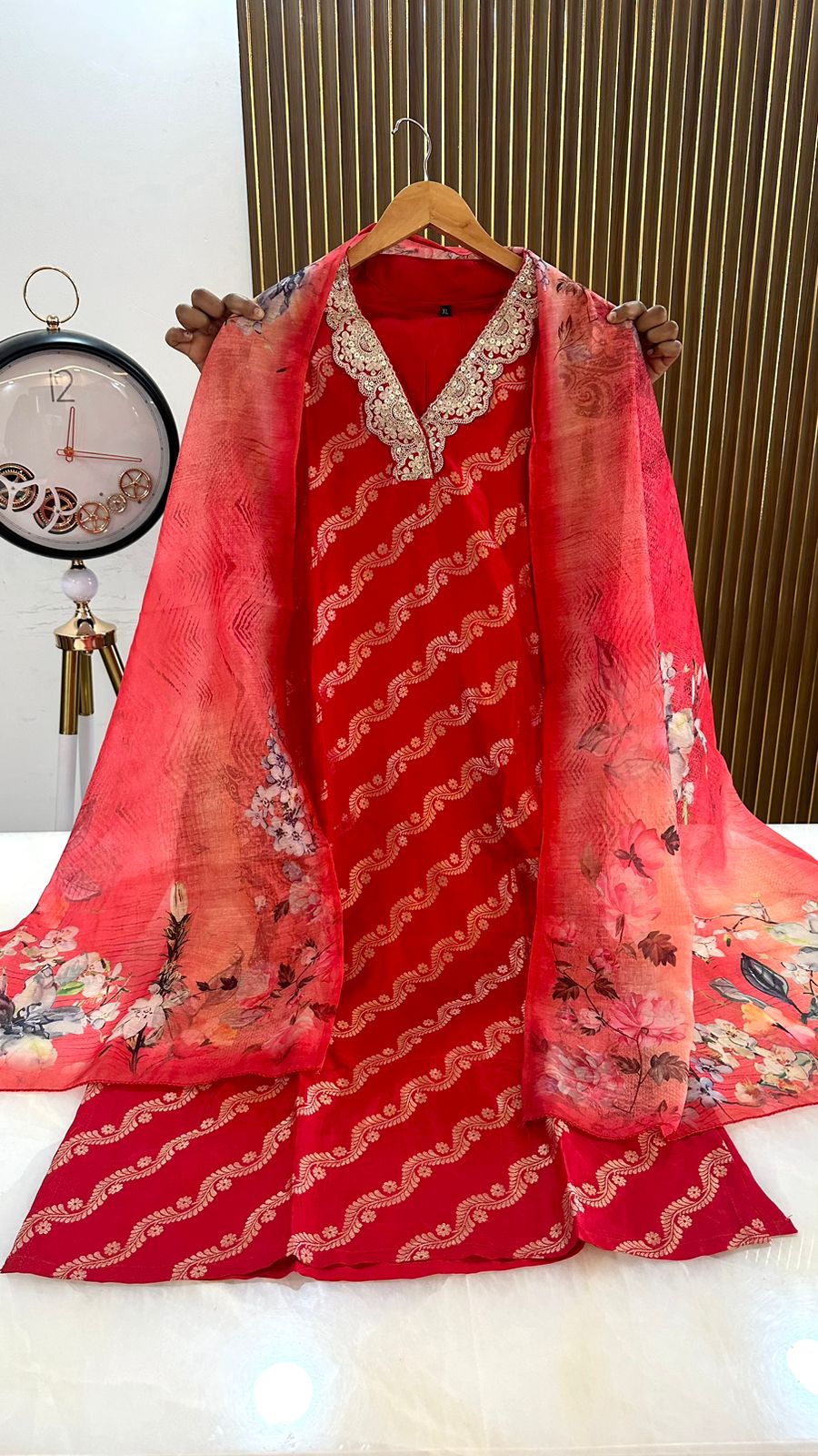 Pretty Silk V Neck Suit Set Paired With Organza Dupatta Aashvi Couture