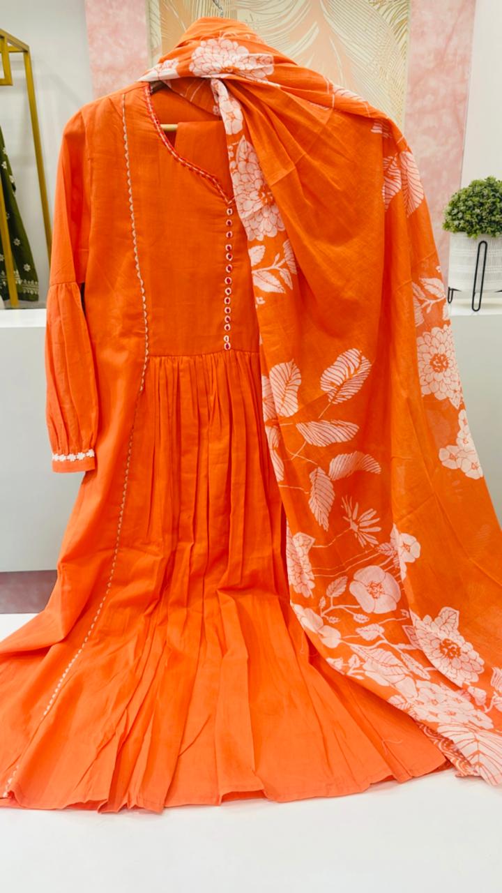 Mul cotton pure full suit set in orange– Aashvi Couture