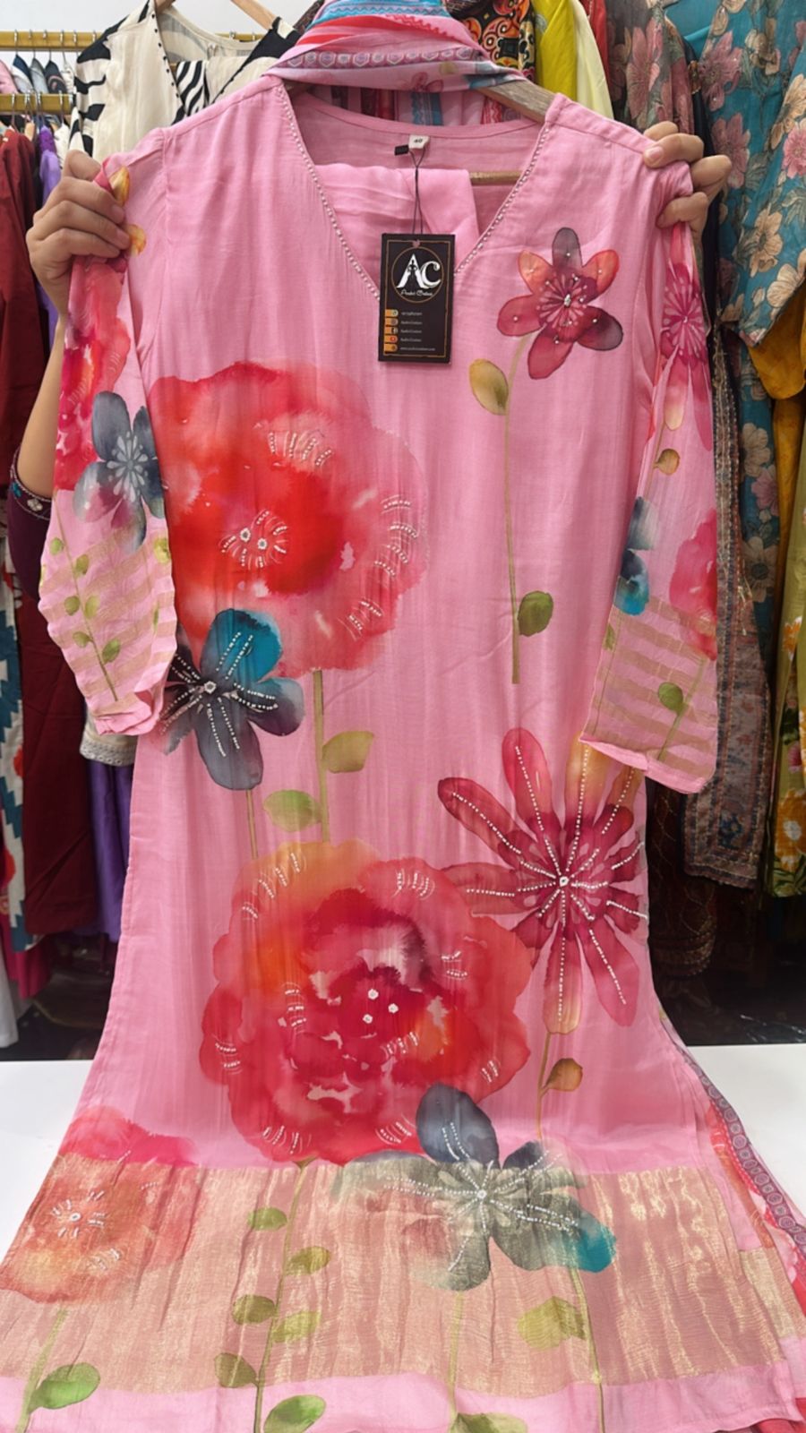 Gaji silk lakri patta floral suit set in pink– Aashvi Couture